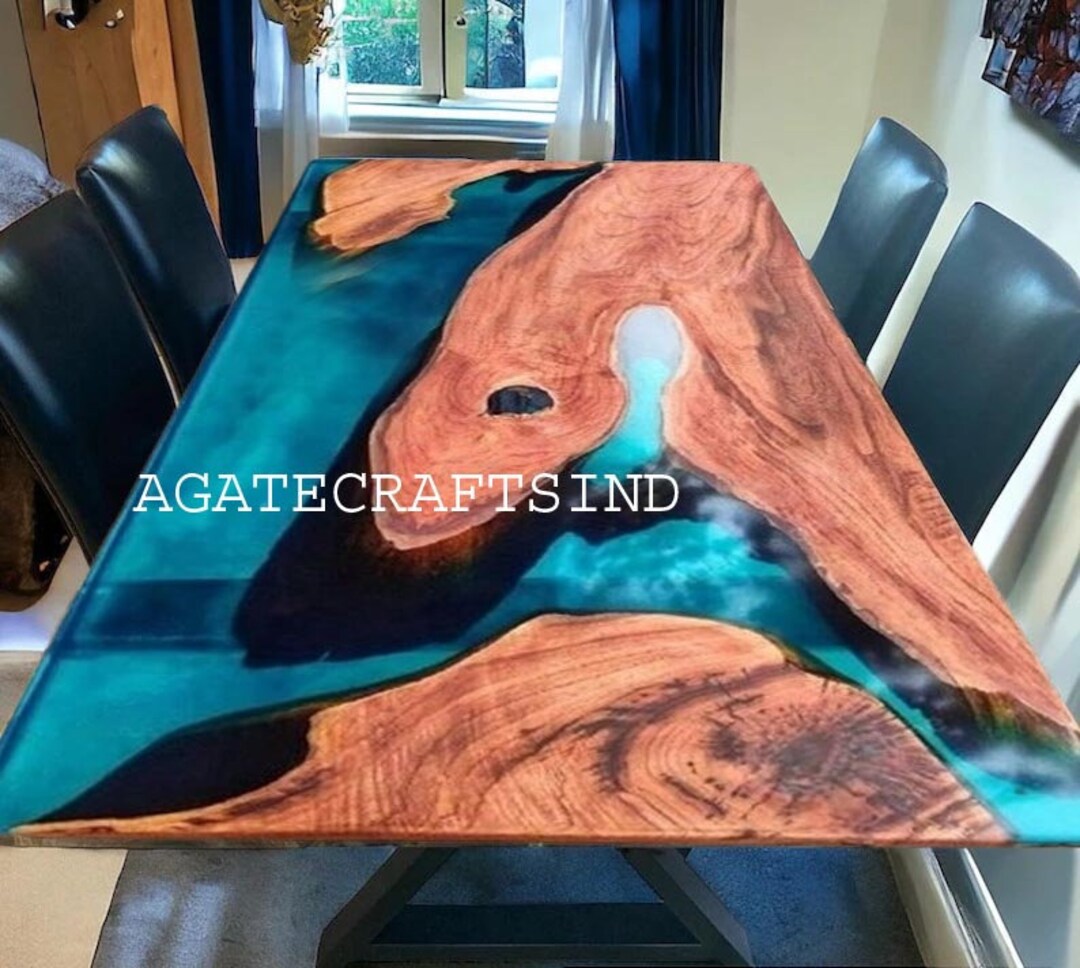 Handmade Ocean Blue Epoxy River Dining Table | Live Edge Walnut - Etsy
