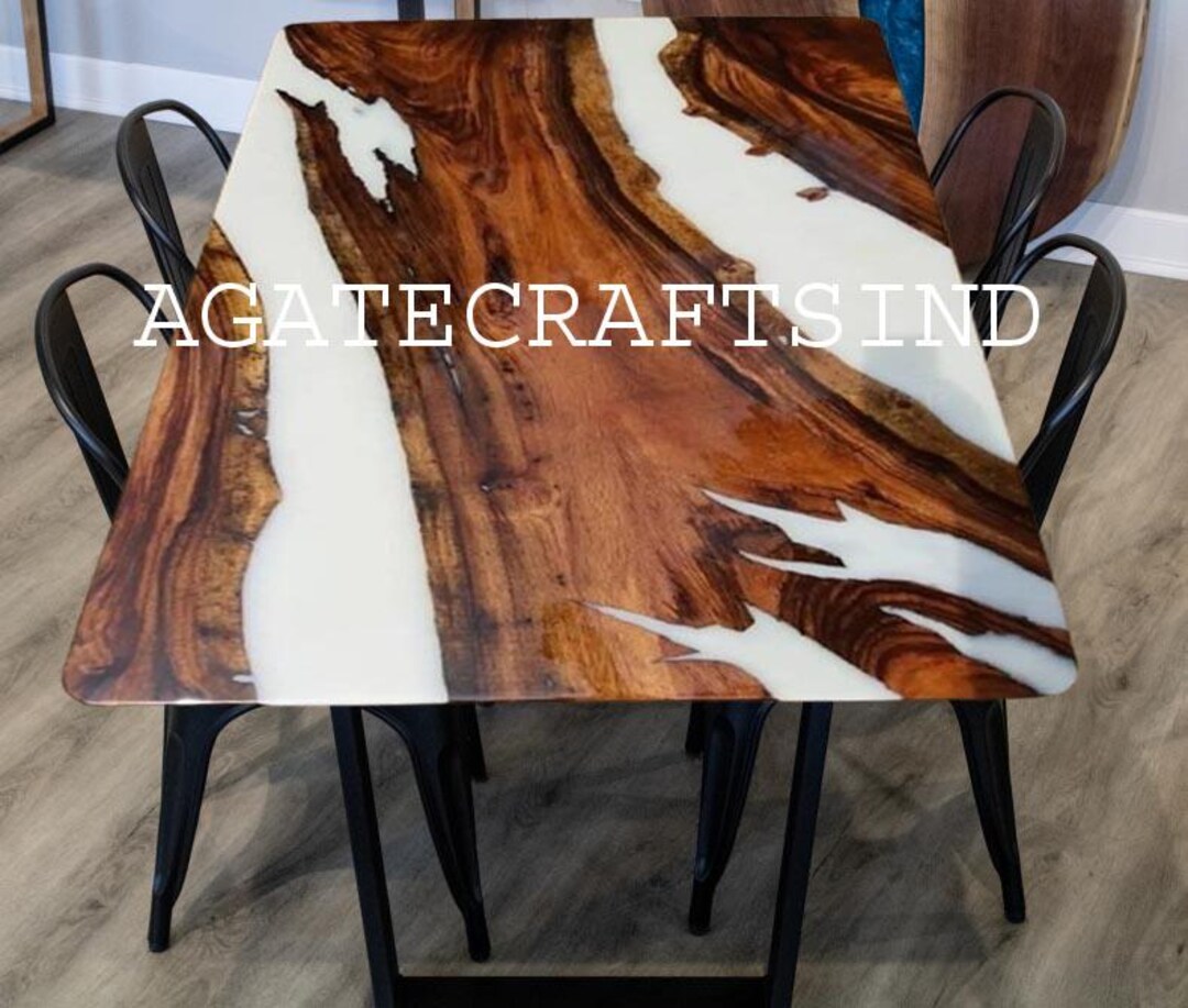 White Epoxy Table, Living Edge Epoxy Resin Dining Table, Kitchen Table ...