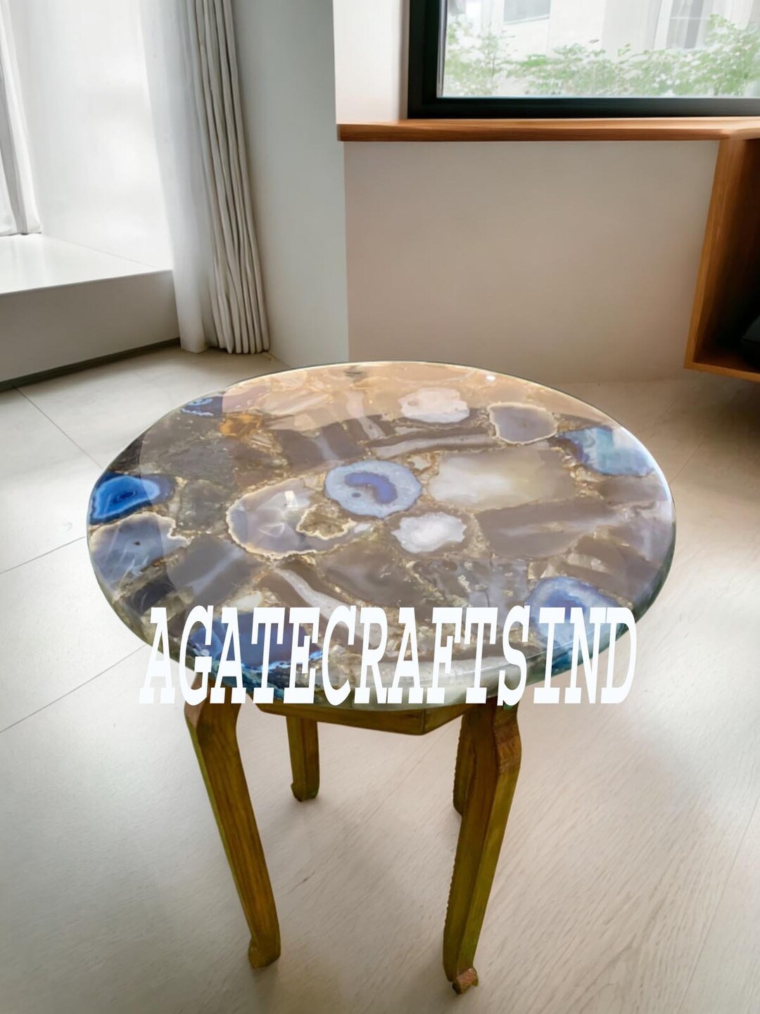 Agate Table, Mix Agate Round Coffee Table / Blue & Brown Semi Precious ...