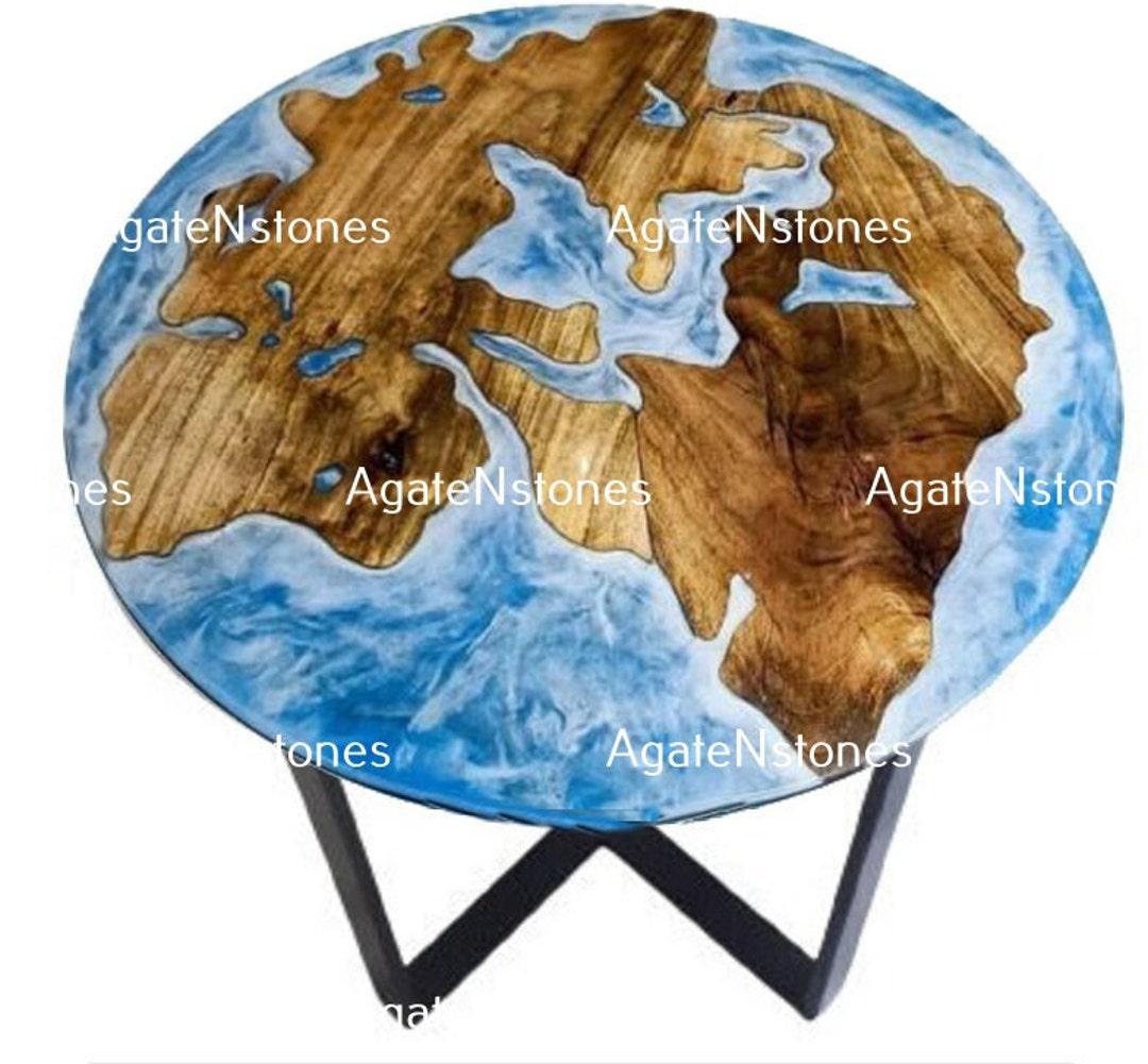 World Map Resin Coffee Table – Round Wood Epoxy Ocean Table – Handmade ...