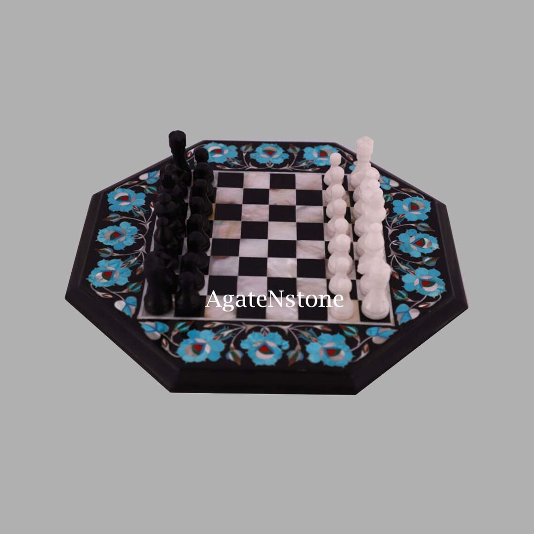 Black Marble Chess Board Table Inlaid Turquoise With Mop Stone ...