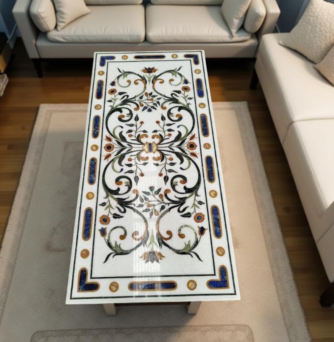 White Marble Inlay Rectangular Table – Handmade Pietra Dura Dining or ...