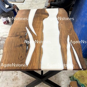 White Epoxy Resin Dining Table With Stand, Live Edge River Table ...