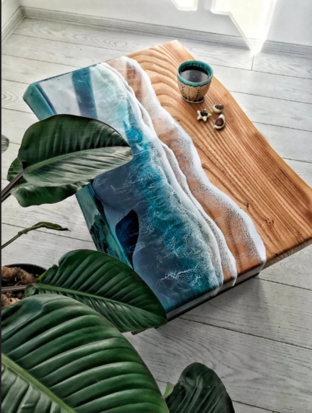 Custom Epoxy Resin River Ocean Wave Table – Handmade Wood Plank Coffee ...
