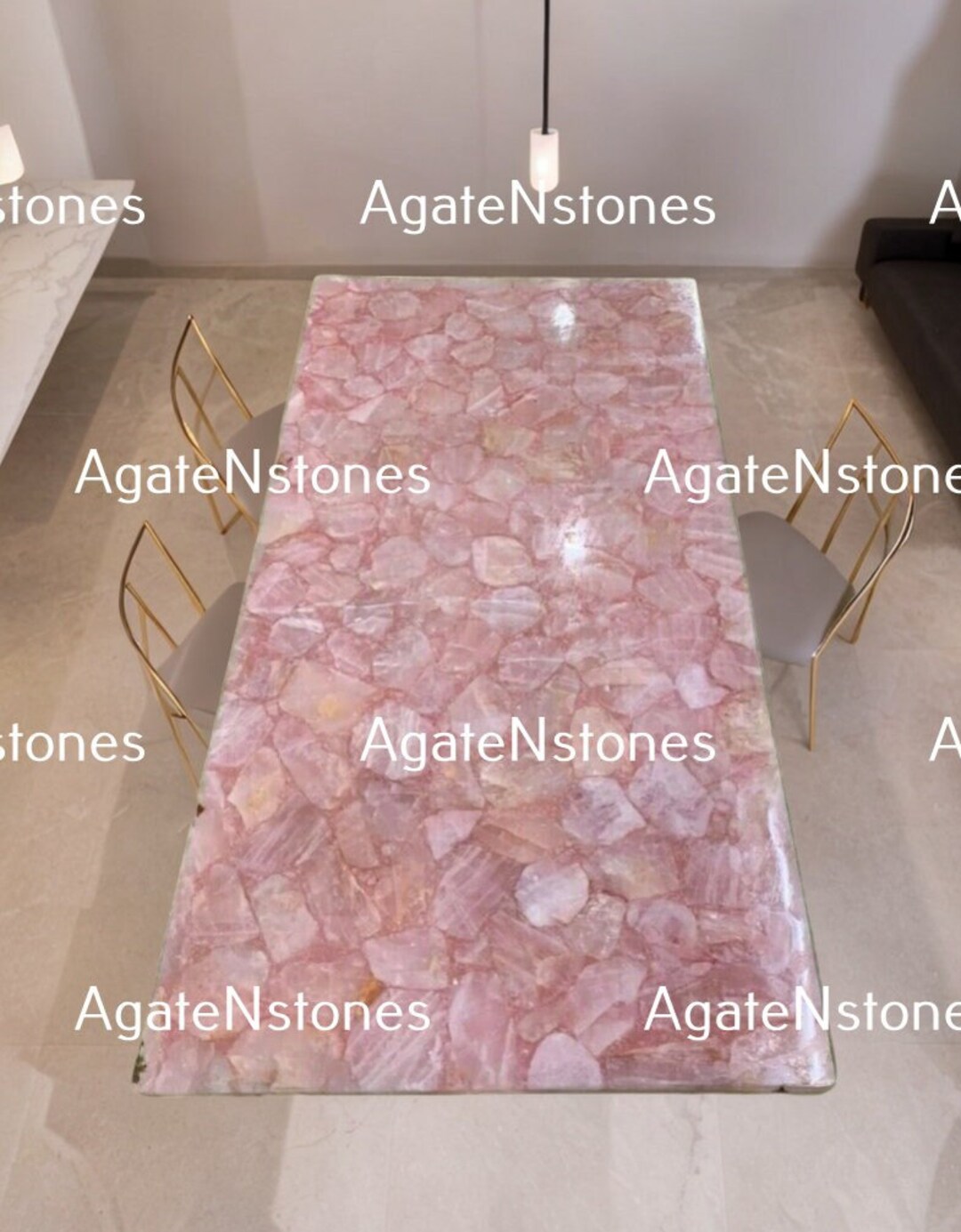 Rose Quartz Dining Table – Rectangular Gemstone Tabletop for Home Decor ...