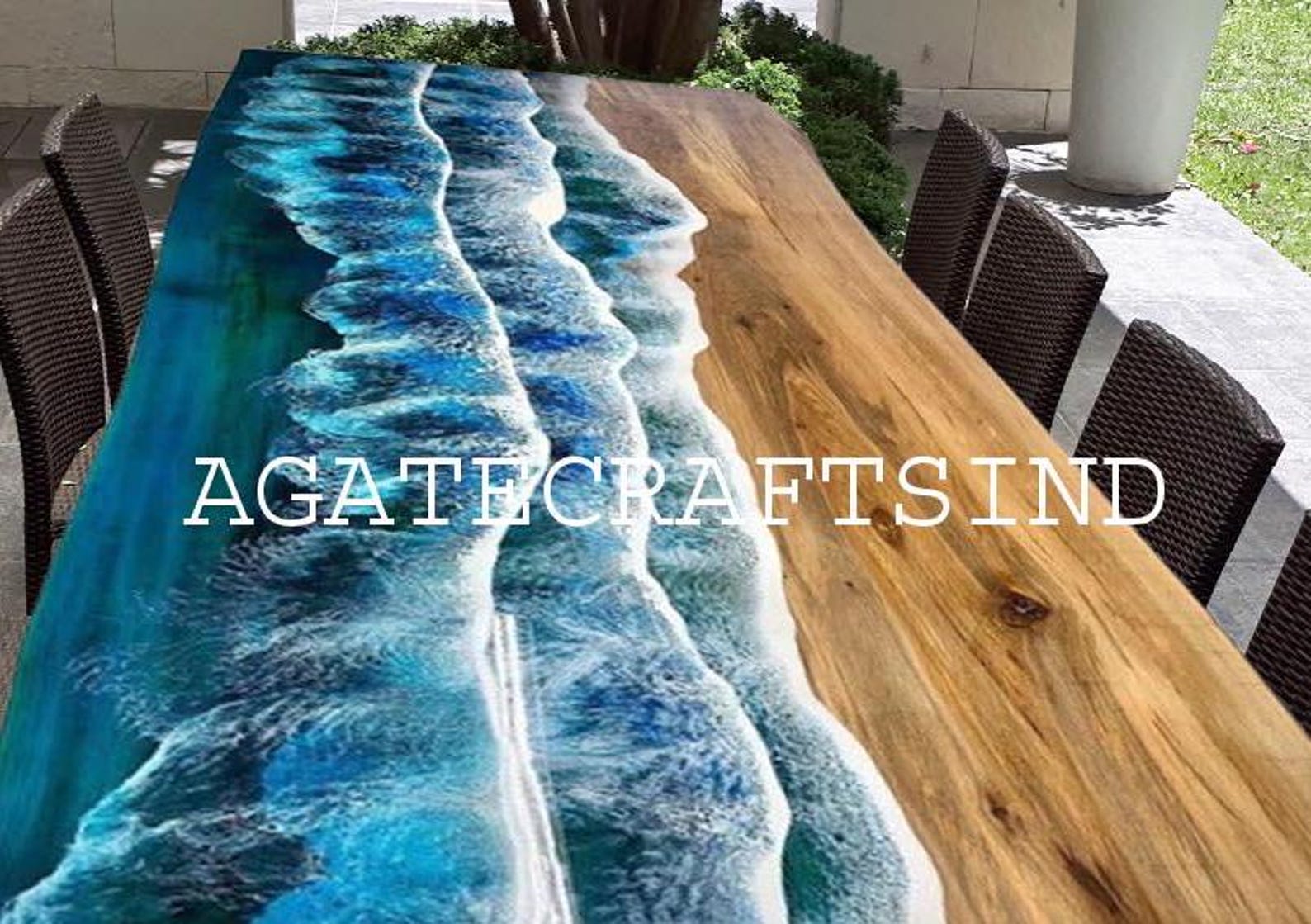 Ocean Wave Epoxy Resin Table, Customized Live Edge Epoxy Resin Dining ...