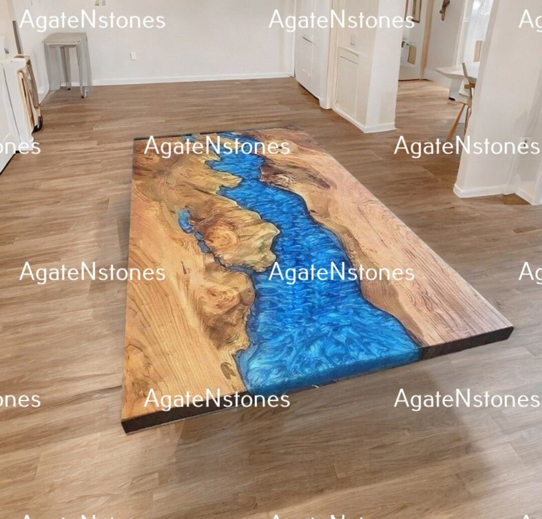 Blue Epoxy Table With Legs, Home Décor and Gift, Live Edge Table, Epoxy ...