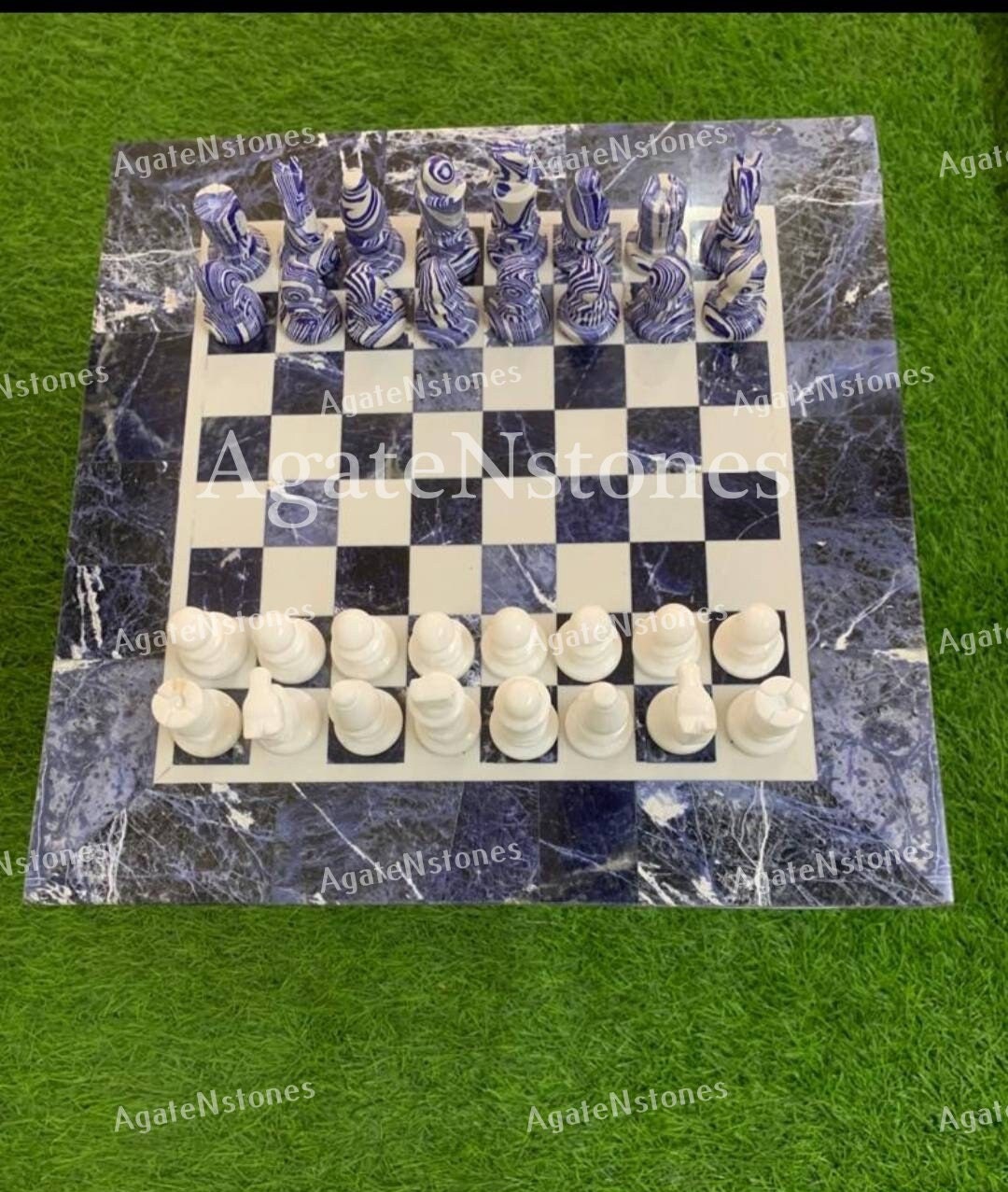Natural Sodalite Stone Chess Set Board With Stone Chess Piece Set ...
