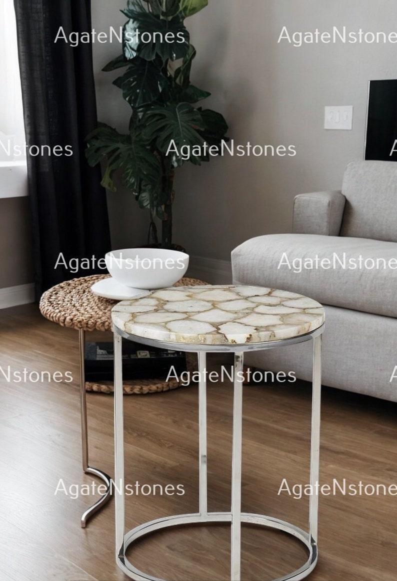 White Agate Tabletop Slab: Round Stone Coffee Table, Bedside Decor ...