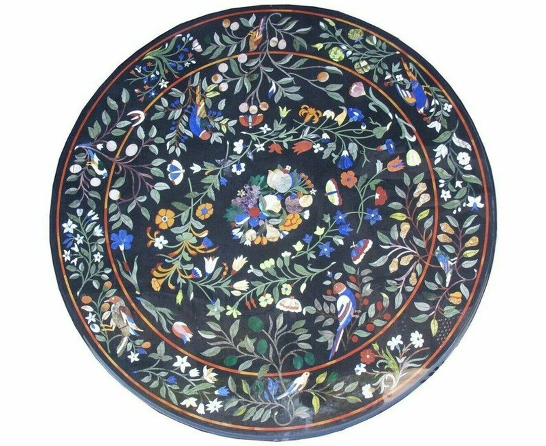 Black Round Marble Table Top Semi Precious Stone Inlay Work - Etsy
