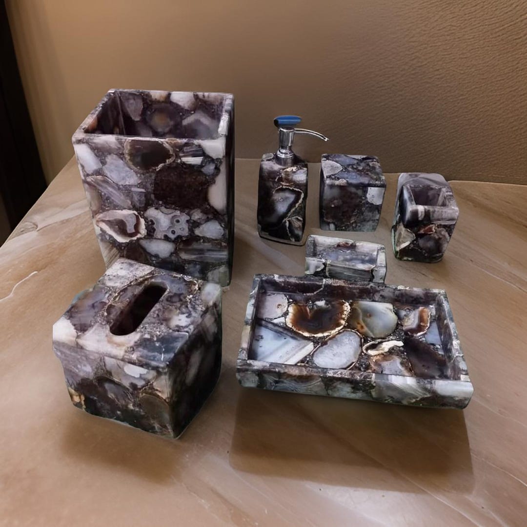 Luxury Agate Bathroom Set – 7-piece Handmade Agate Stone Accessories ...