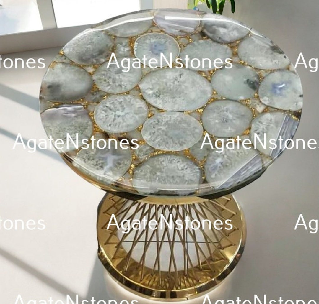 White Agate Table, Agate Accent Side Table, Round Agate Coffee Table Top, Agate, Living Room ...