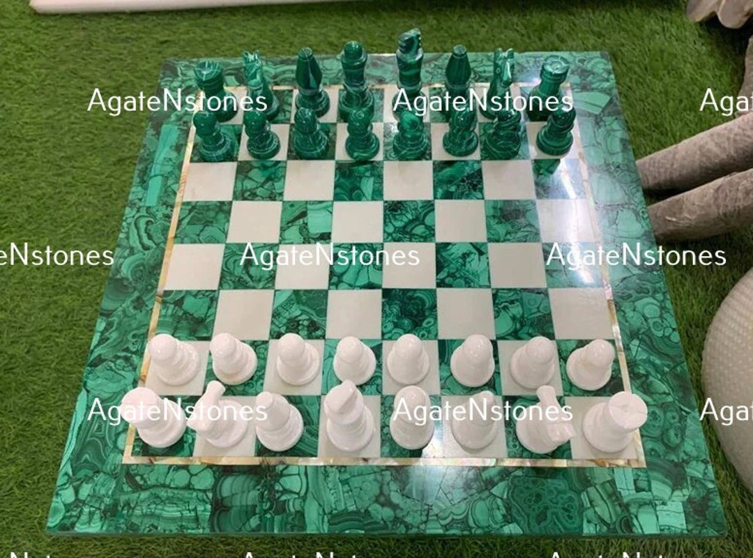 Chess Board in Malachite, Malachite Inlay Stone Chess Marble Chess Set ...