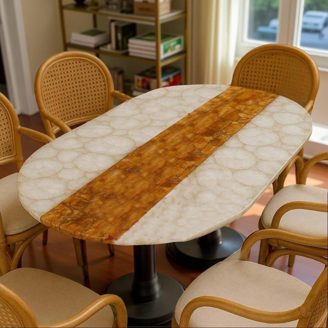 White Quartz & Petrified Wood Oval Dining Table | Luxury Semi-precious ...