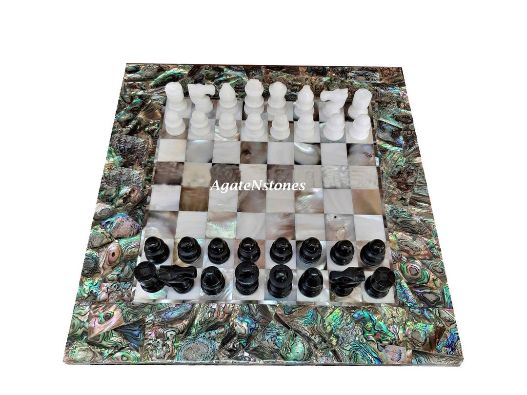 Marble Chess Set With Pauashell Inlay: Handmade Stone Chess Pieces - Etsy