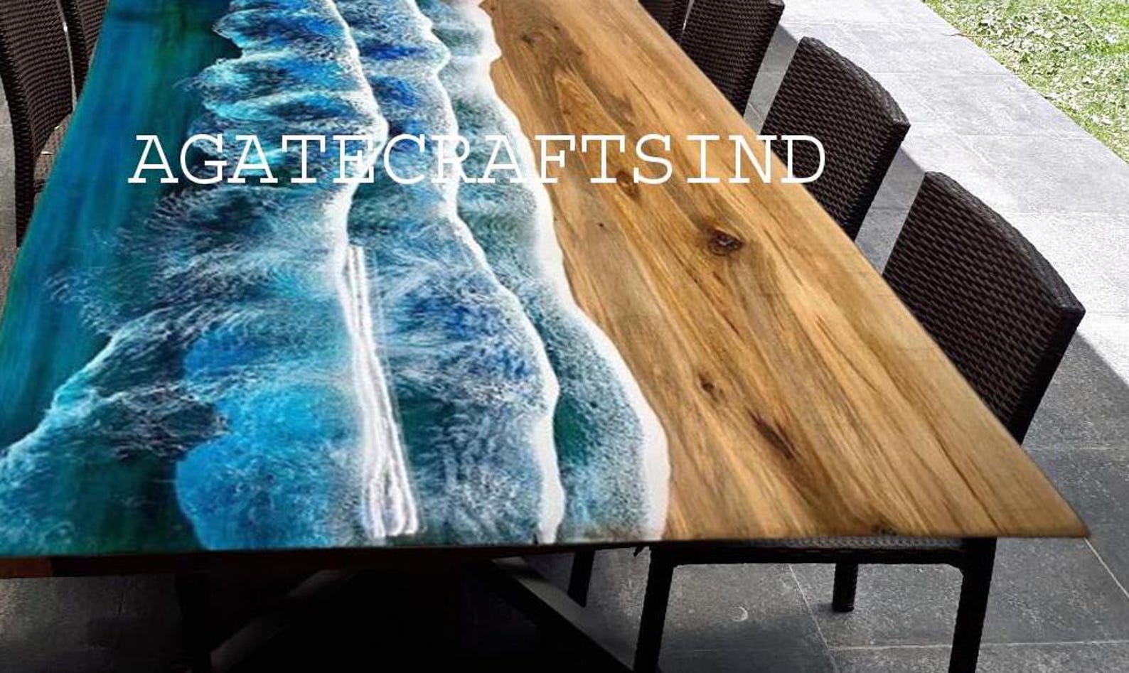 Ocean Wave Epoxy Resin Table, Customized Live Edge Epoxy Resin Dining ...