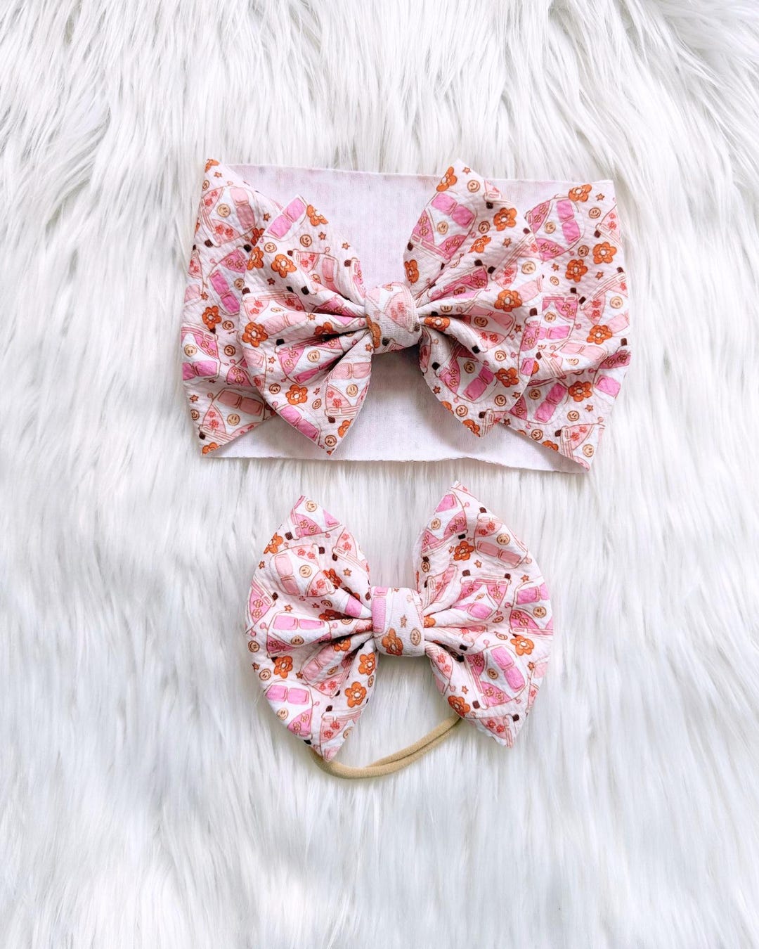 Pink Vintage Bus Baby Bow: Summer Nylon, Headwrap, Clip or Pigtail Set ...