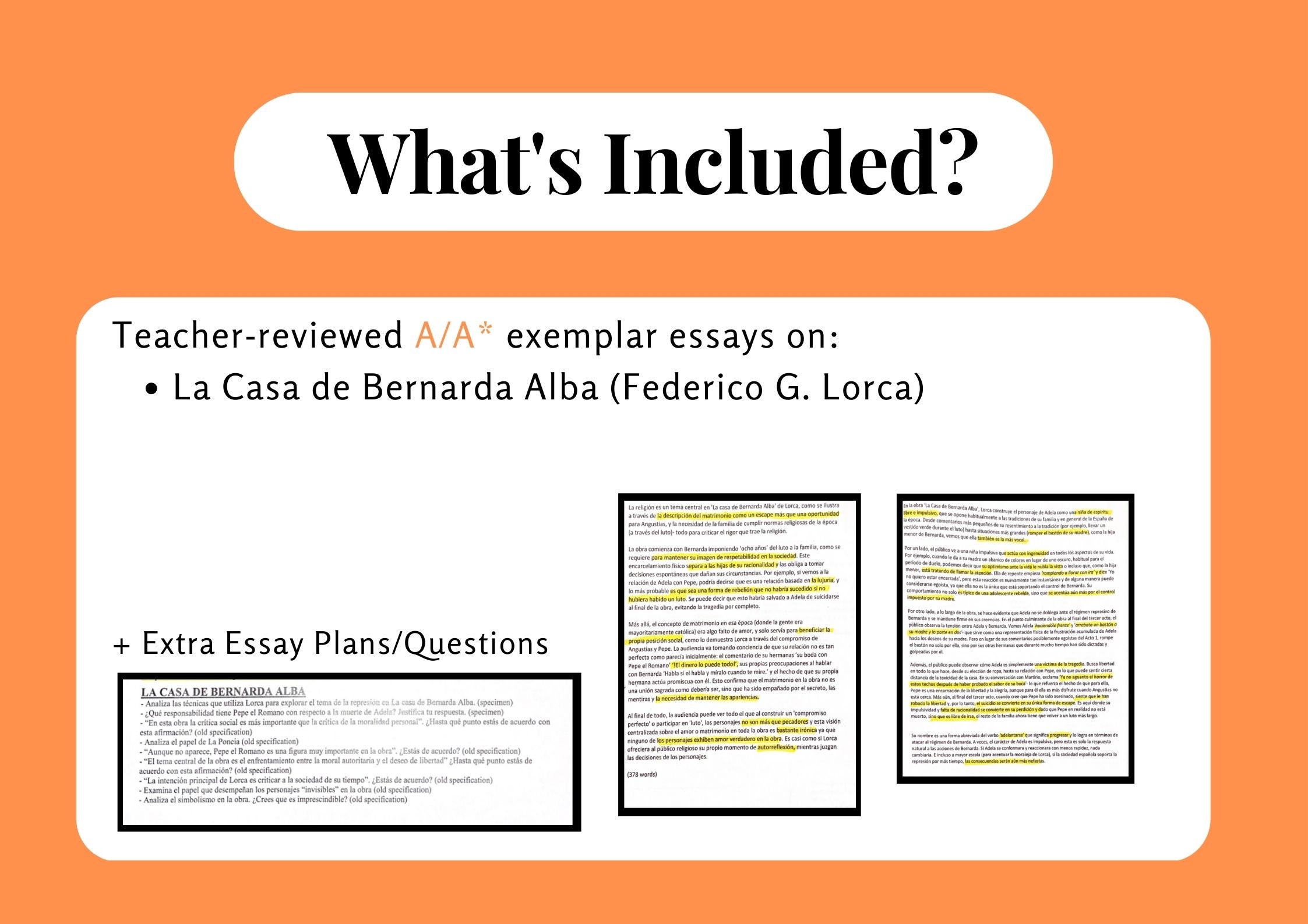 A-level AQA Spanish: La Casa De Bernarda Alba A/A Exemplar Essays - Etsy