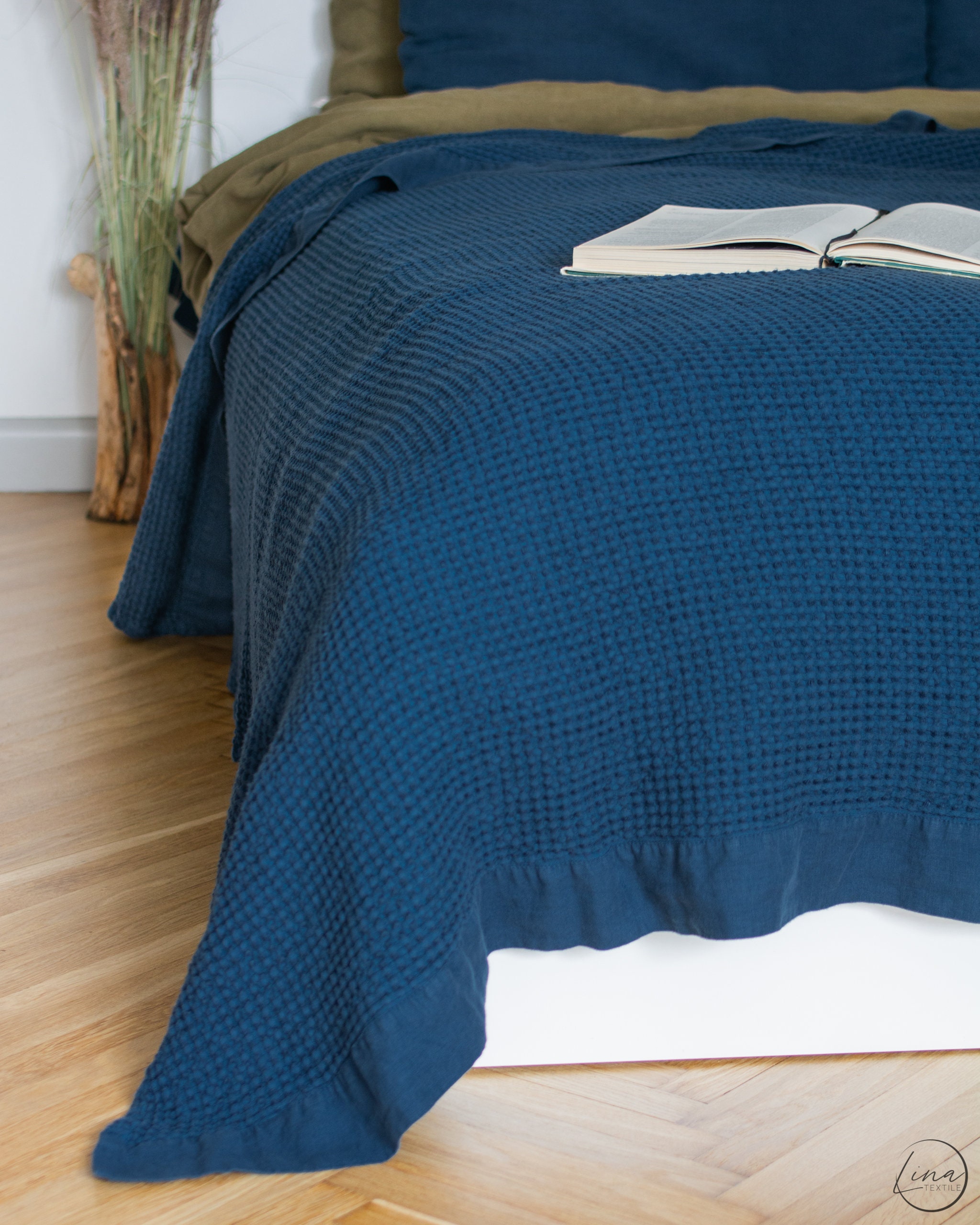 Waffle Linen Blanket in Blue Linen Throw Blanket Bedspread - Etsy