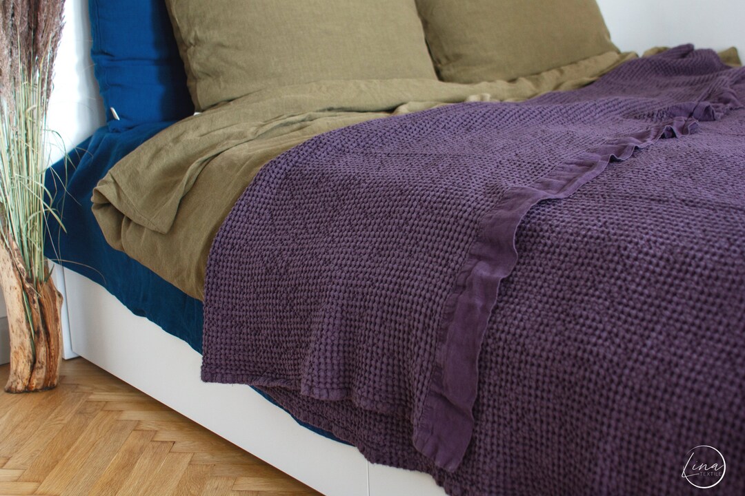 Waffle Linen Blanket in Purple Plum, Linen Throw Blanket, Bedspread ...