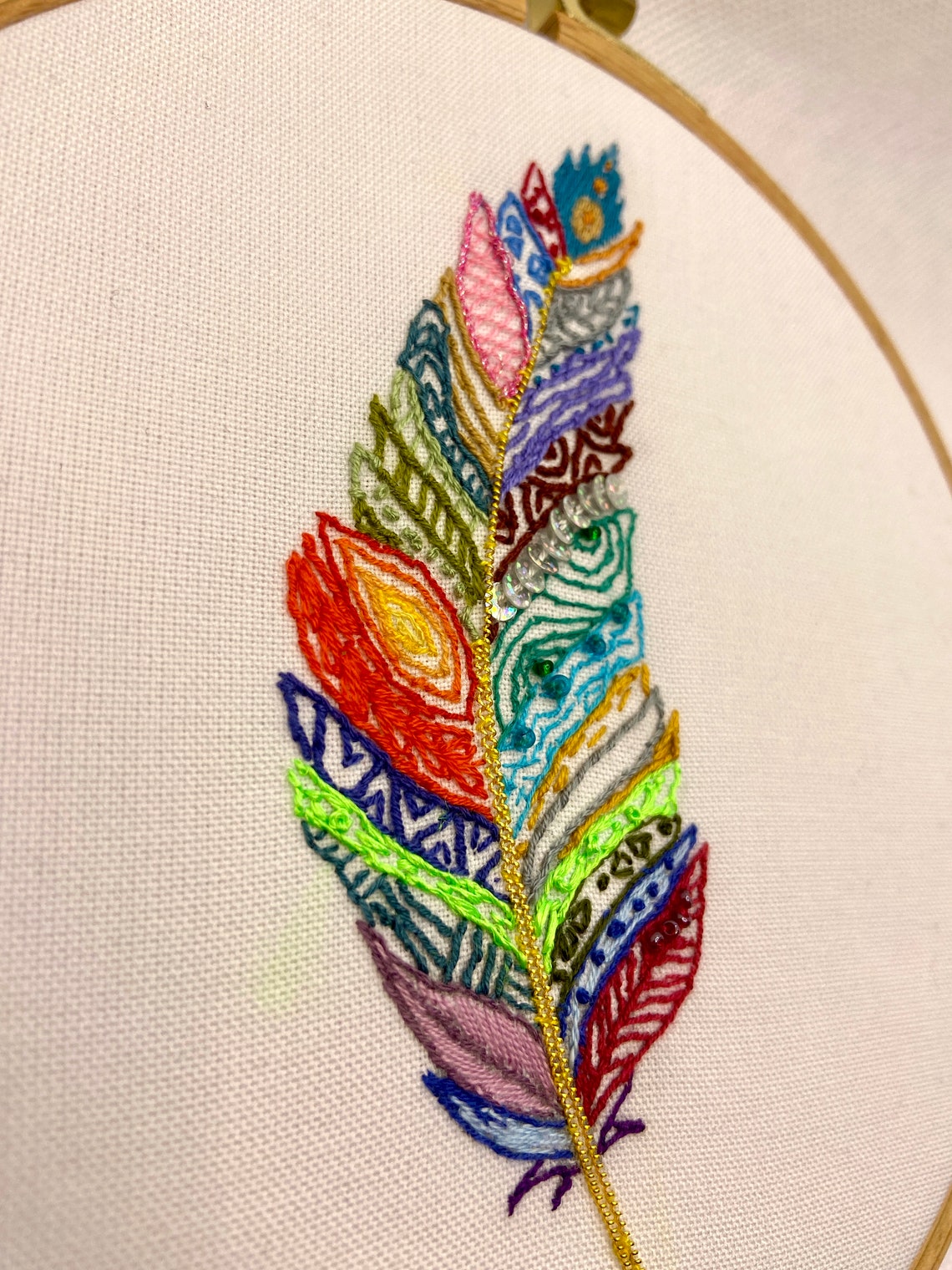 Colorful Feather Embroidery | Handmade Finished Embroidery | Wall ...