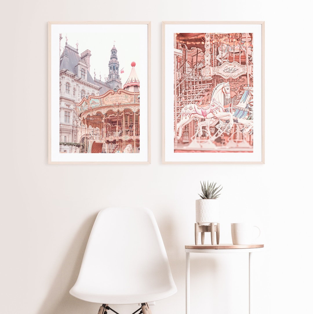 Pink Paris Print Set, Carousel Horse, Carousel Nursery Prints, Paris ...