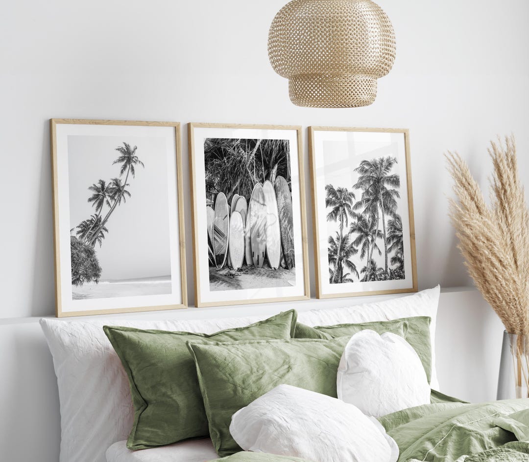 Surfboard Wall Art Set of 3, Palm Tree Print, Black White Beach ...