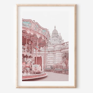 Vintage Paris Carousel Print, Merry Go Round, Pastel Pink Carousel at Sacre Couer, Paris Wall ...