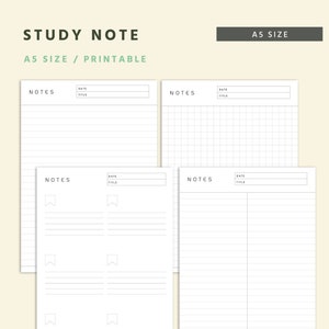 A5 Size Notes Paper, Lined, Grid Notes, Printable Study Note Template ...