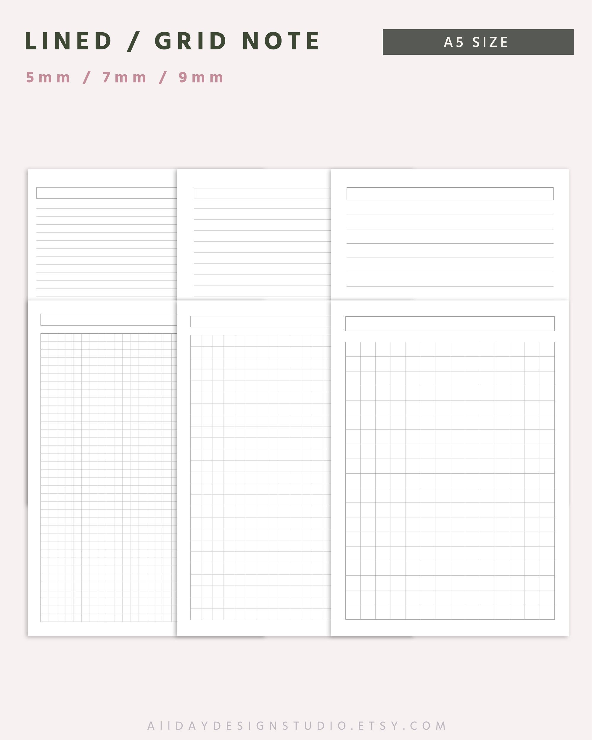 A5 Size Printable Lined Note Template, Grid Note Paper, Study Note ...