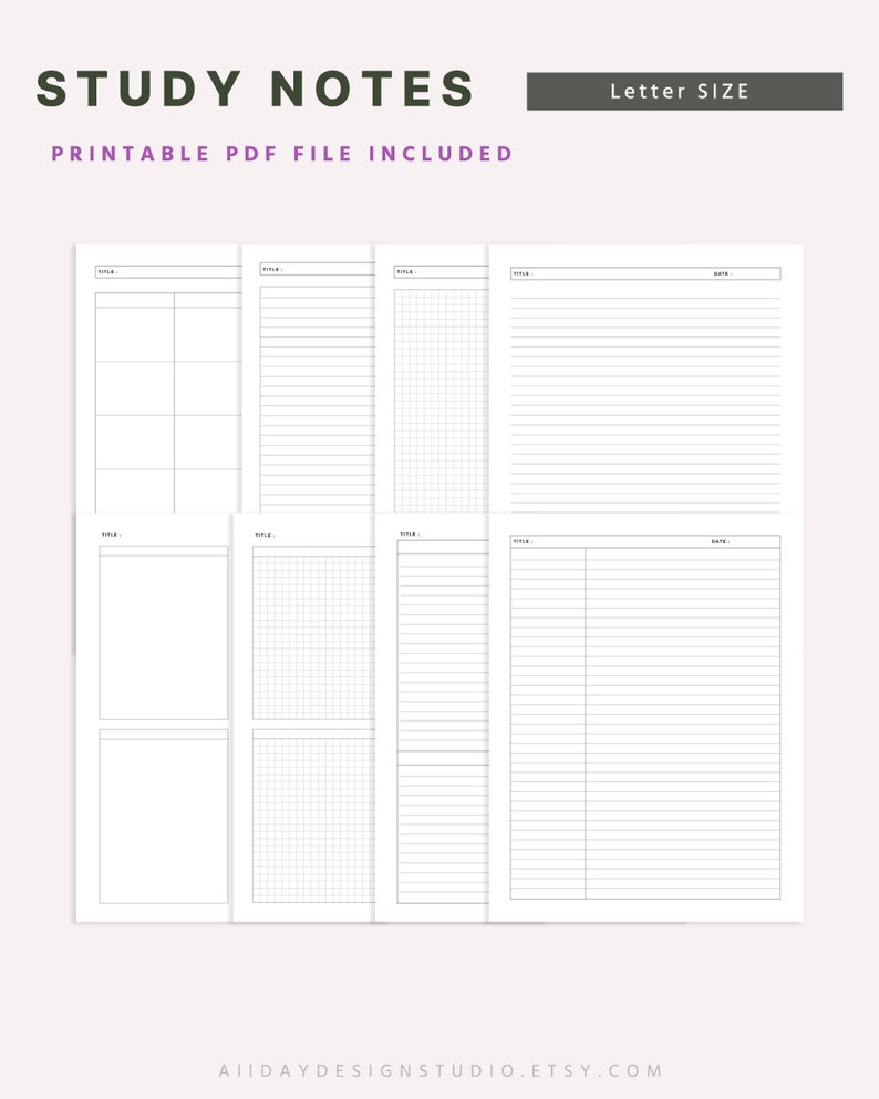 Printable Study Note Template Class Lined Notes Grid Note - Etsy