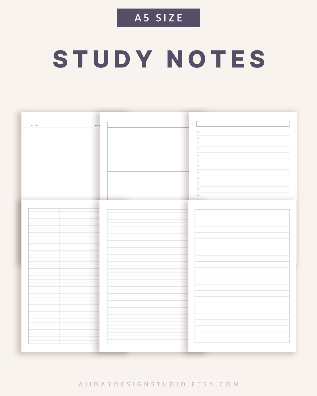 A5 Study Note Template: Printable Class Notes (PDF) - Etsy
