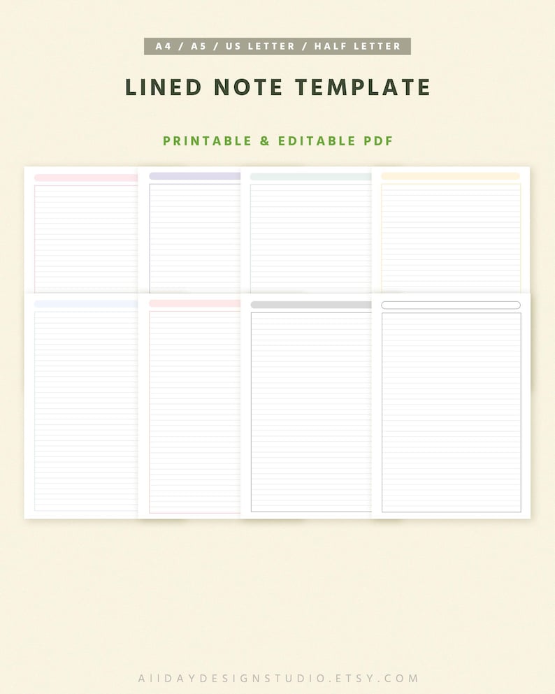 Colorful Lined Notes Printable: A4, A5, US Letter Sizes (PDF), Simple ...