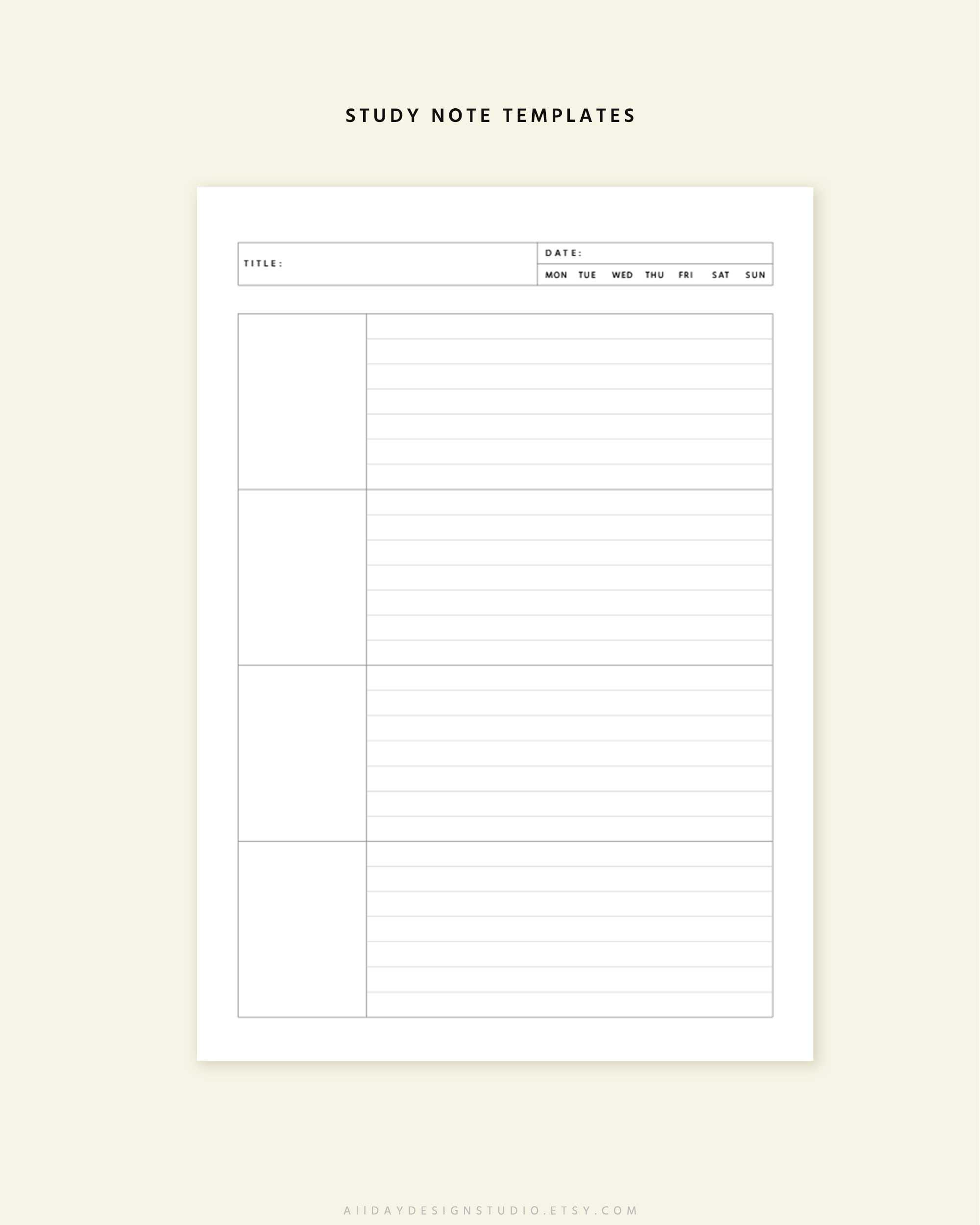 Printable Study Note Template: A4, A5, US Letter (PDF) - Etsy