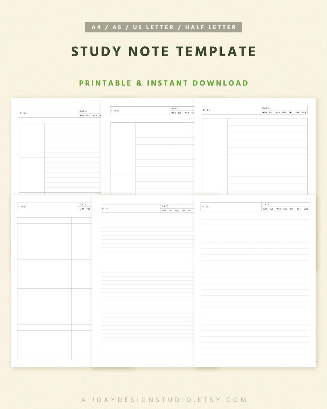 Printable Study Note Template: A4, A5, US Letter (PDF) - Etsy