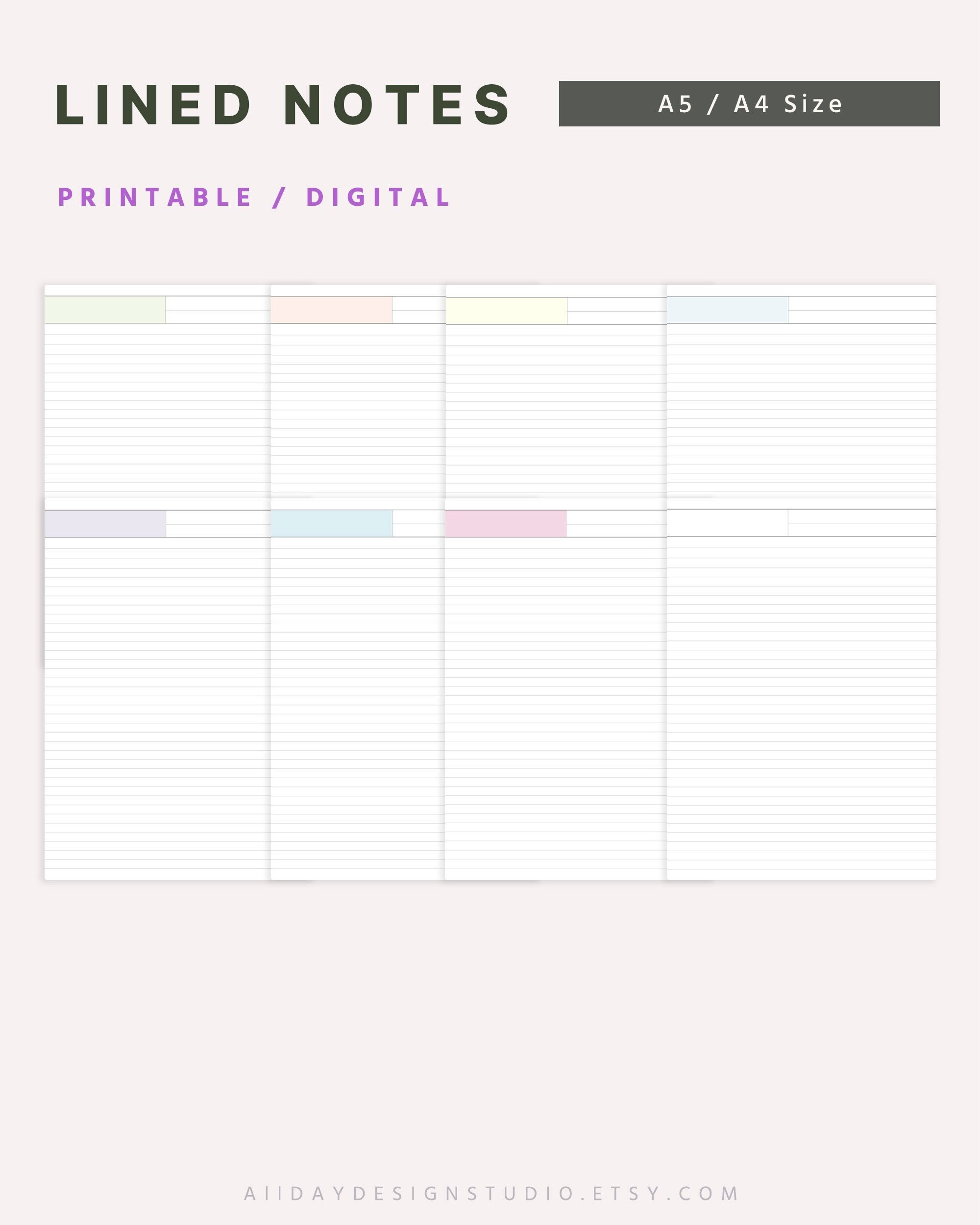 A5, A4 Printable Lined Study Notes Template, Goodnote Paper Template ...