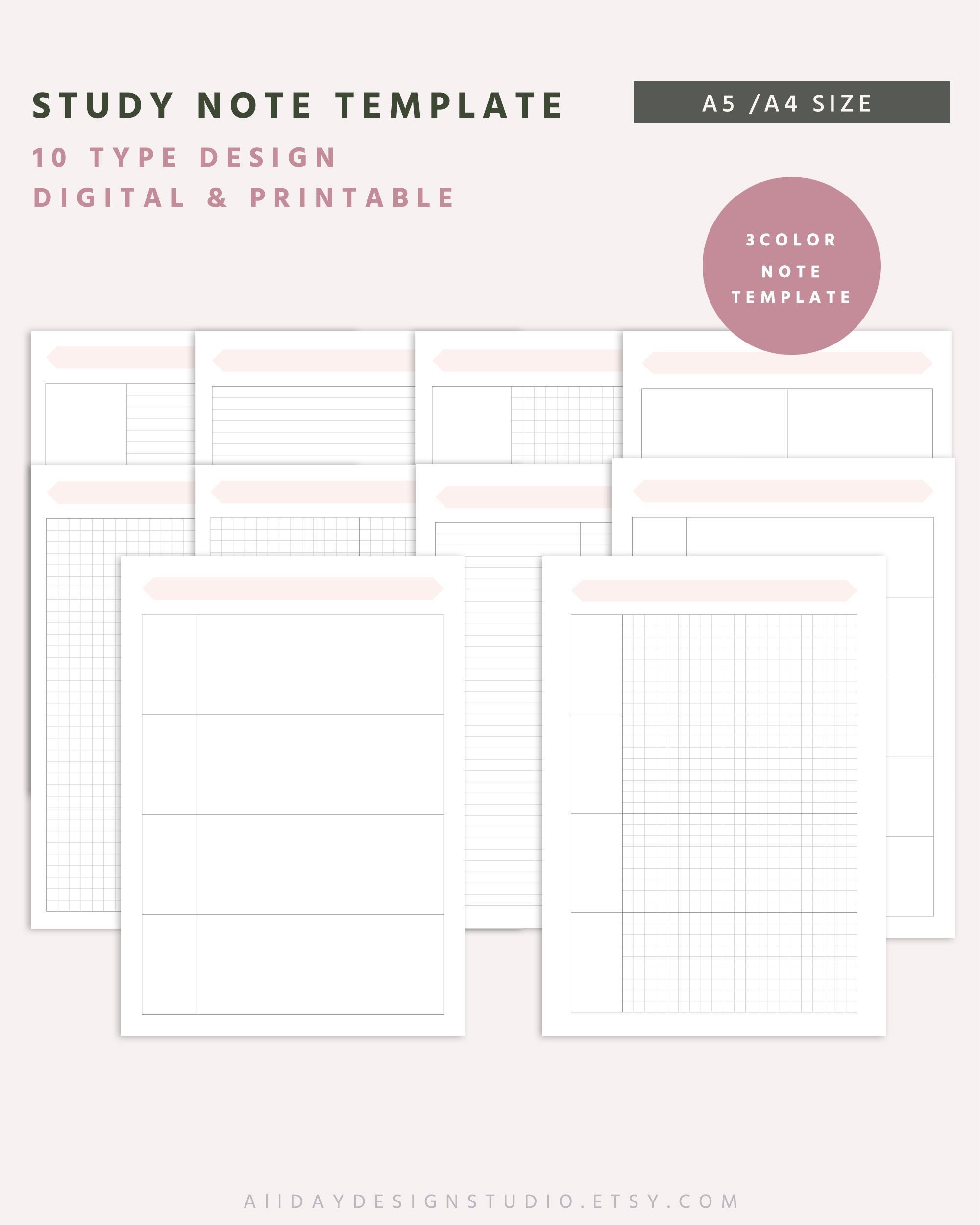 A4 Digital Study Note Template A5 Printable Notes Set Study - Etsy Canada