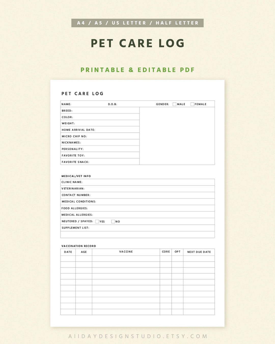 Editable Pet Care Log, Vet Visit & Vaccination Tracker (PDF) - Etsy