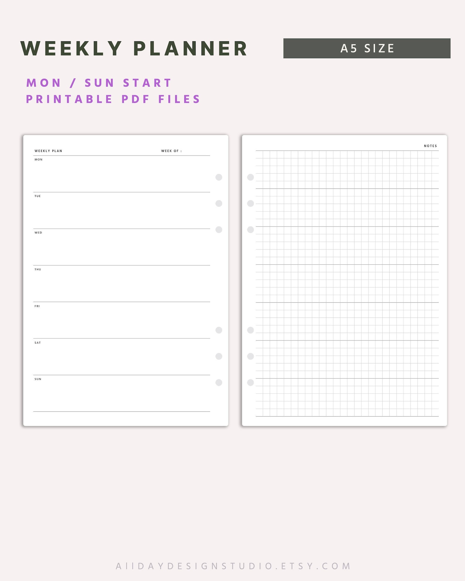 A5 Weekly Planner Printable, Weekly Schedule Planner Template, Simple ...