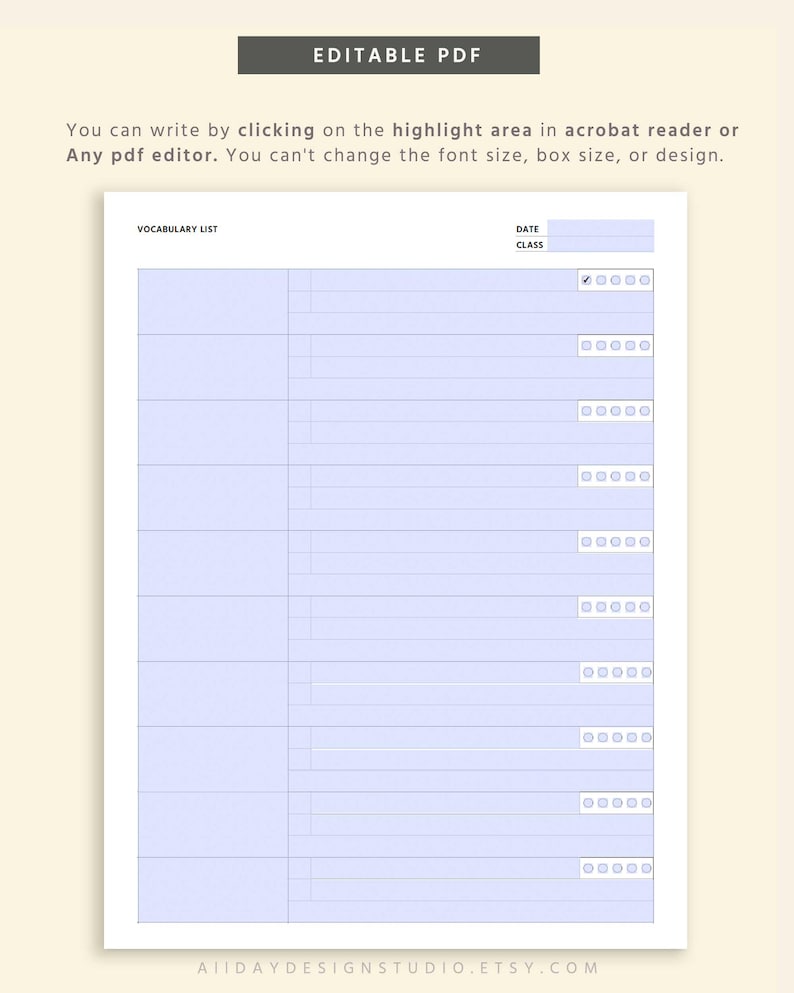 Printable Vocabulary List PDF, Editable Vocabulary Journal for Language ...