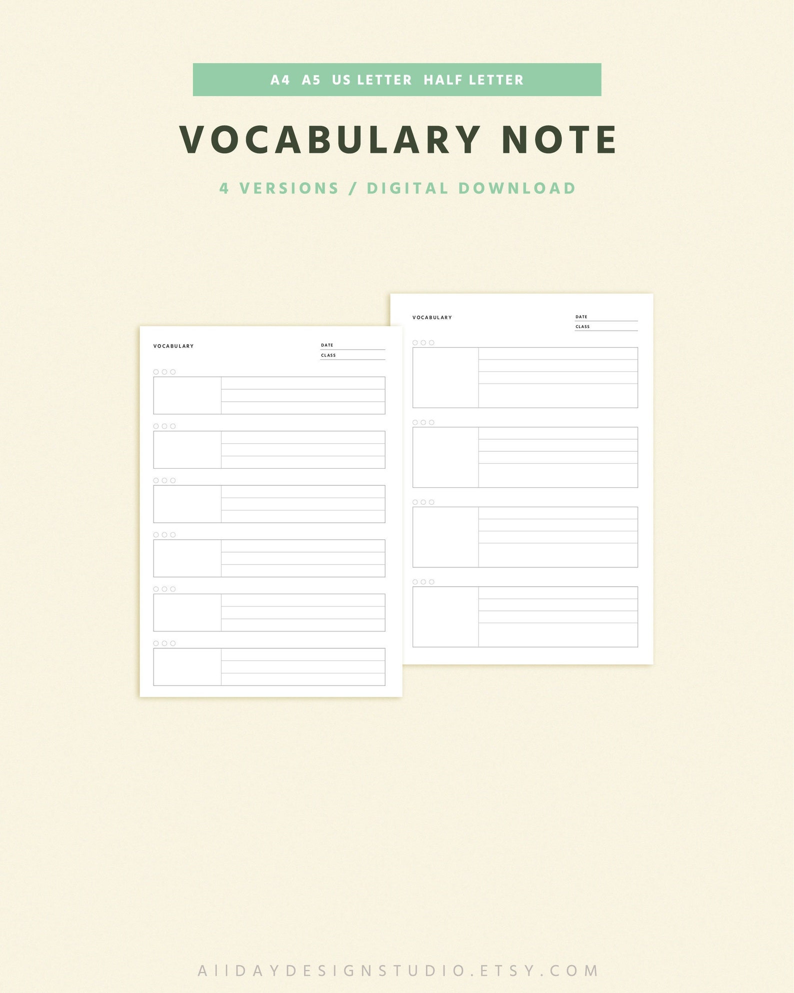 Minimal Vocabulary List, Vocabulary Note Printable Planner, Vocabulary ...