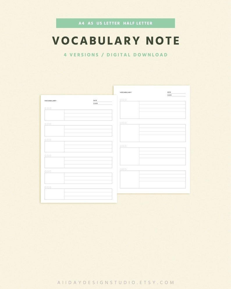 Minimal Vocabulary List, Vocabulary Note Printable Planner, Vocabulary ...