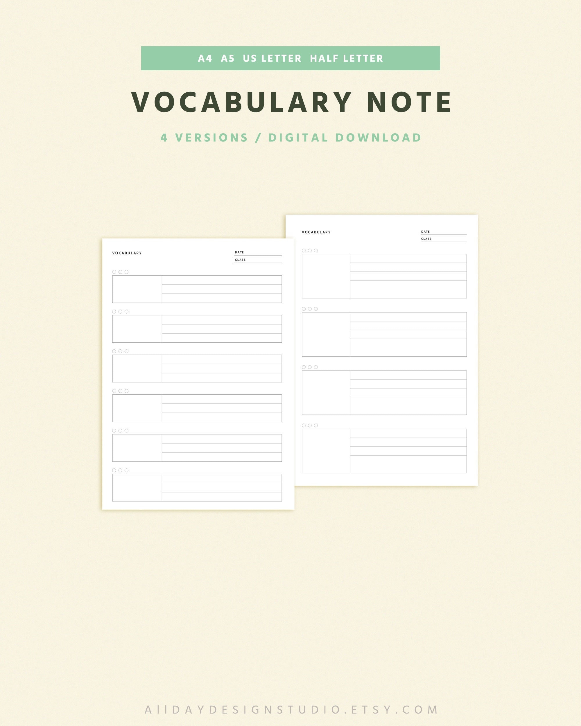 Minimal Vocabulary List, Vocabulary Note Printable Planner, Vocabulary ...