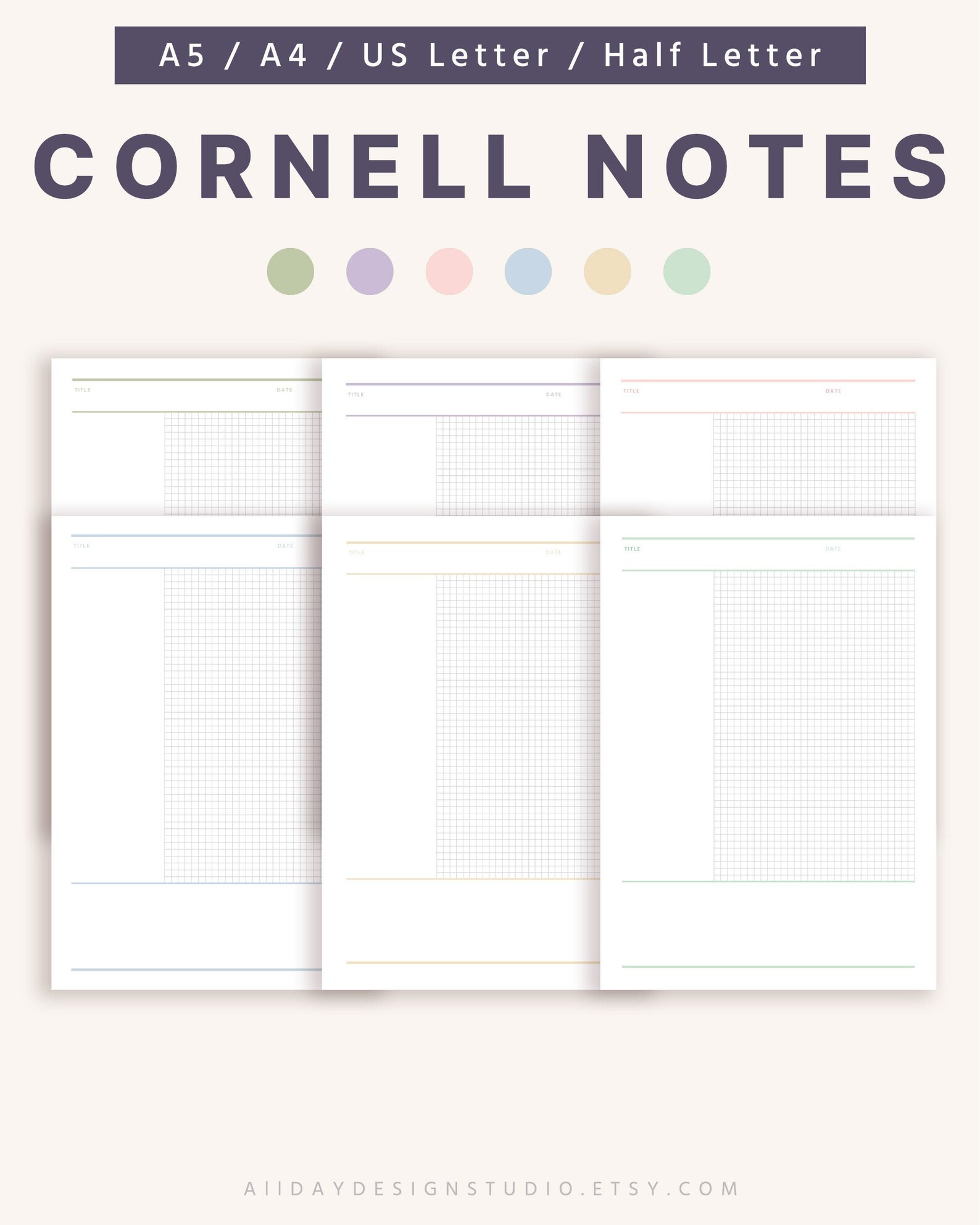 6 Color Printable Cornell Notes, Study Note Template, Lecture Notes for ...