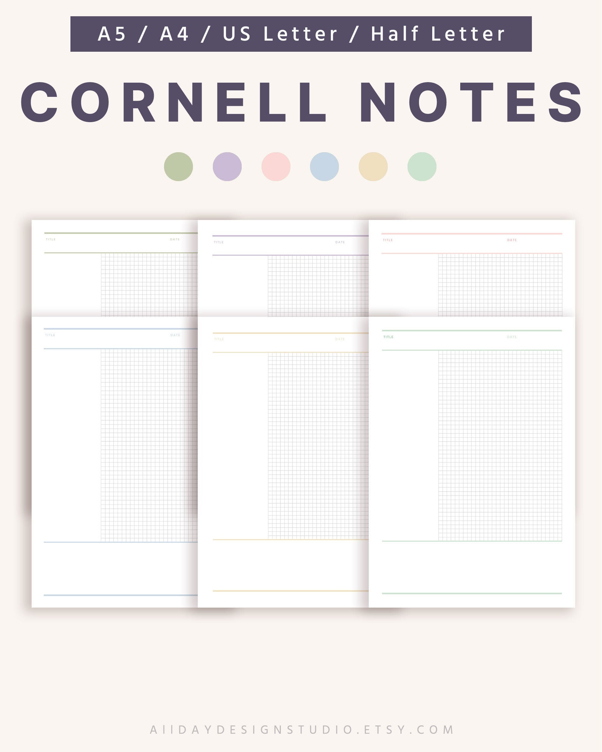 Paper & Party Supplies Paper Printable Cornell note pack 6 Color ...