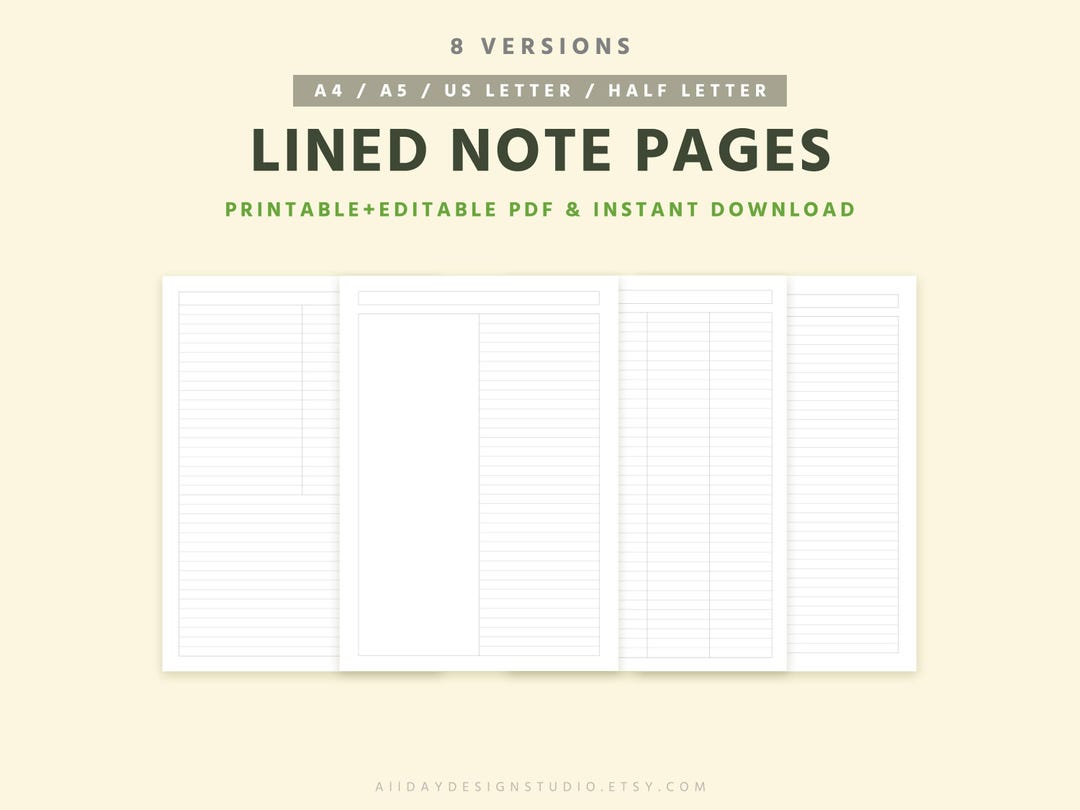 Printable Lined Paper, A4 A5 Letter Sizes (PDF Downloadable Template ...