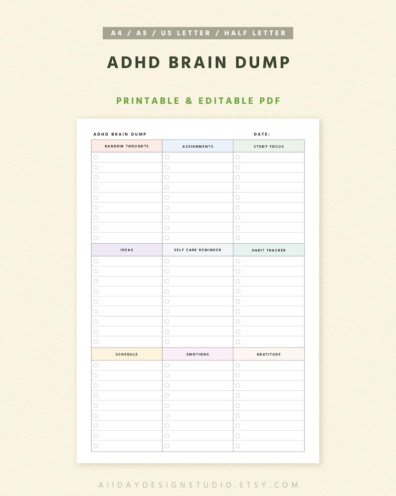 ADHD Brain Dump Worksheet | Printable Student Planner (editable PDF) - Etsy