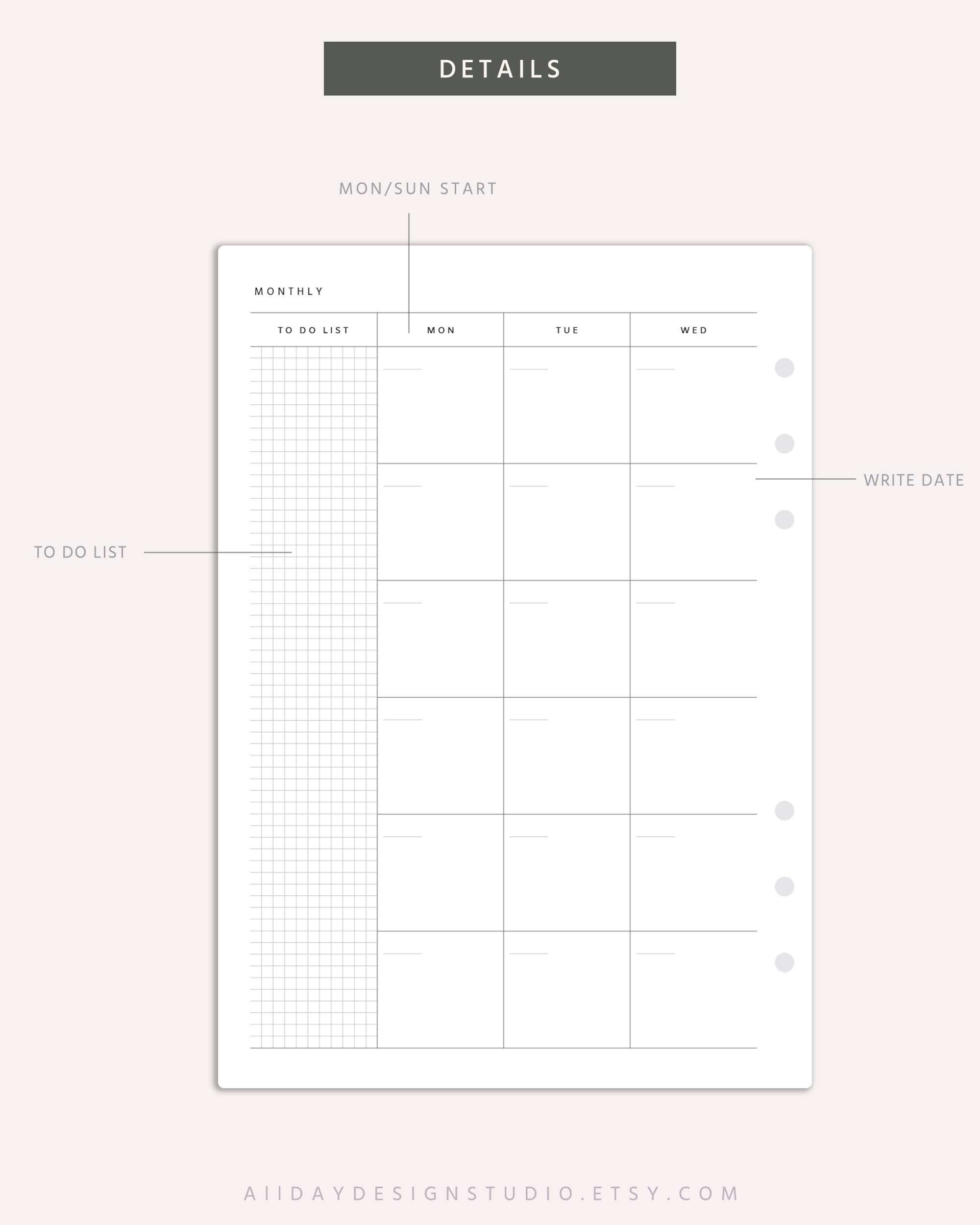 A5 A4 Undated Monthly Simple Planner, Monday Sunday Start, Blank ...