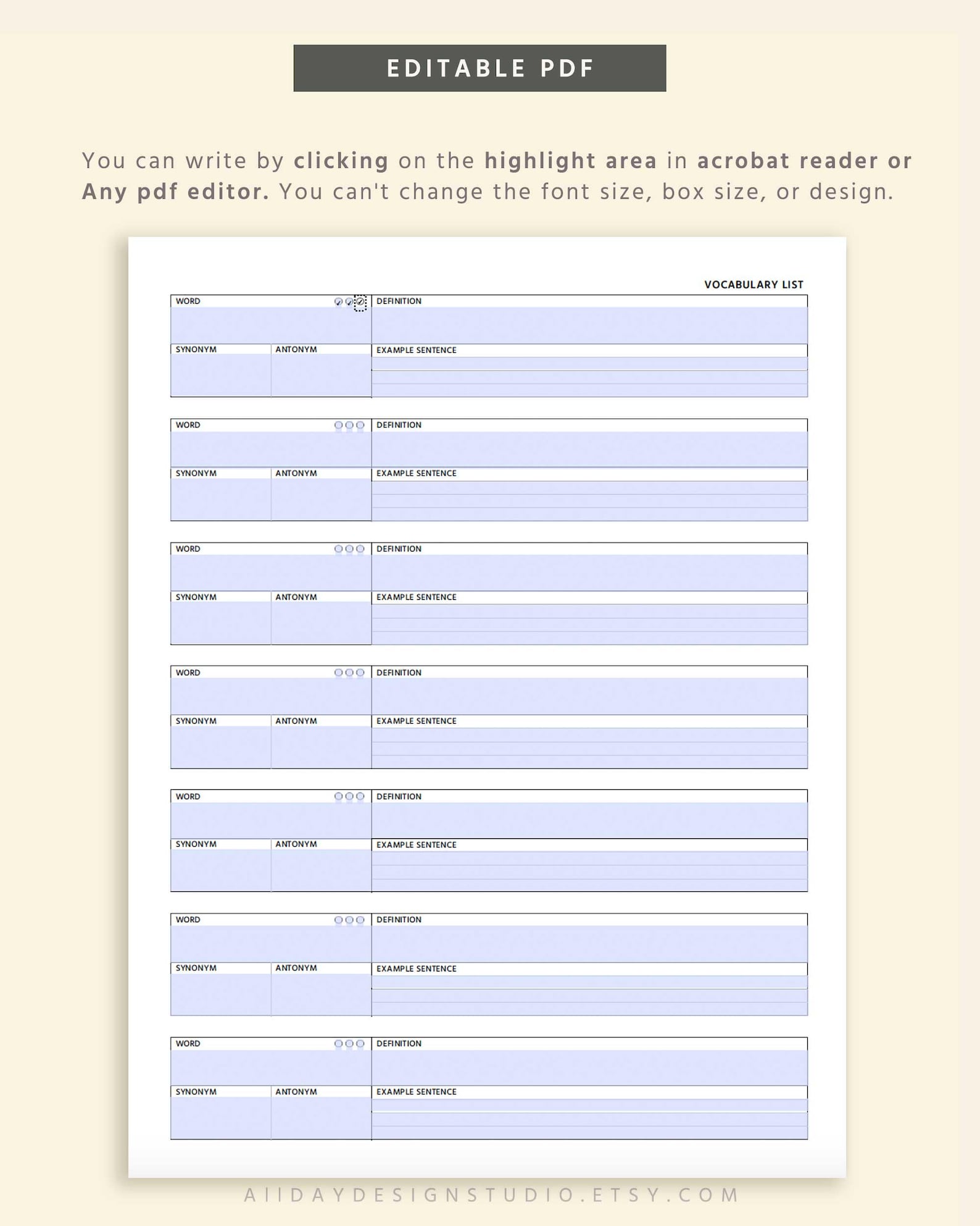 Printable Vocabulary List PDF, Editable Vocabulary Journal for Language ...