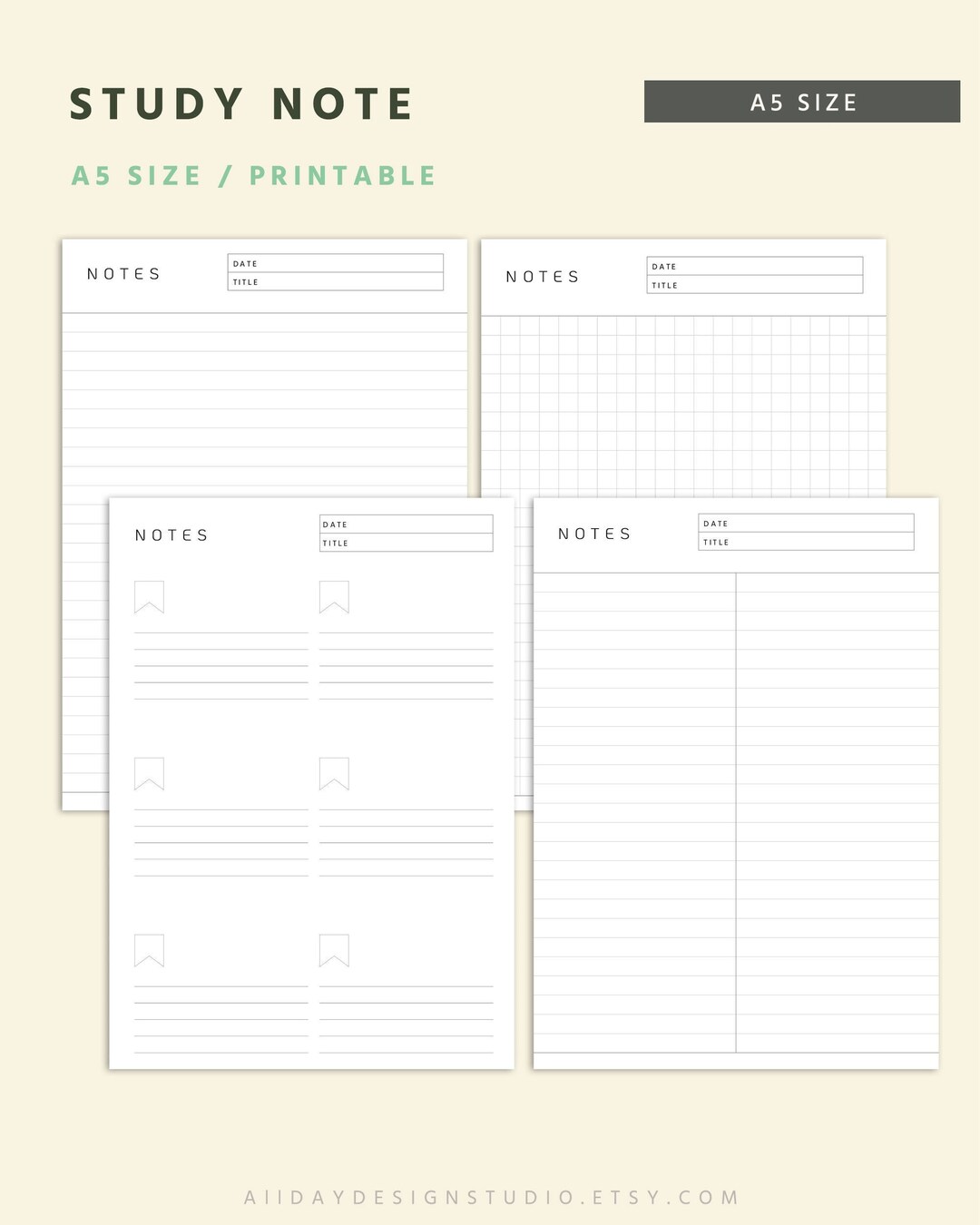 A5 Size Notes Paper, Lined, Grid Notes, Printable Study Note Template ...